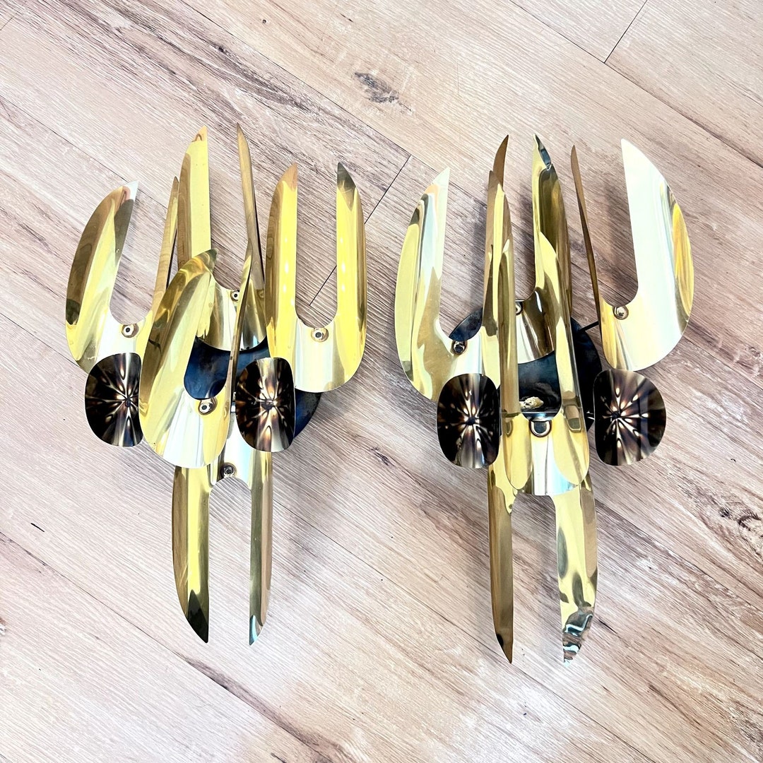 RARE 2 William Vose Metal Brutalist Wall Art Sconces Curtis Jere Mid ...