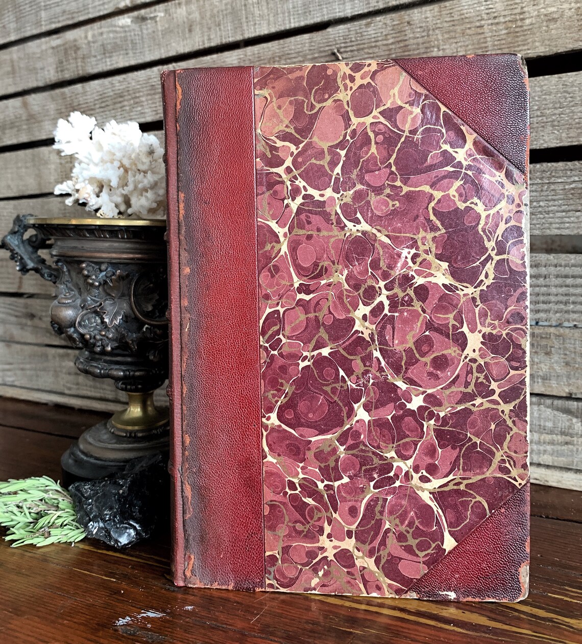 Antique Leather Bound Marbleized Red Books | Etsy