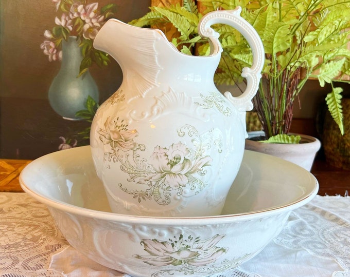 Vintage Victorian Ironstone Wash Basin, Pitcher Set Embossed Floral ...
