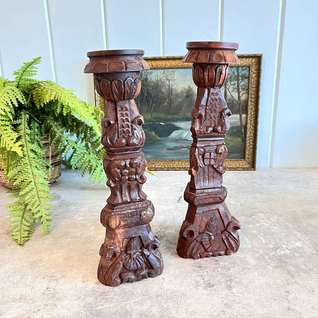 2 Large Vintage Hand Carved Boho Wood Candlesticks / Pillar Candles ...