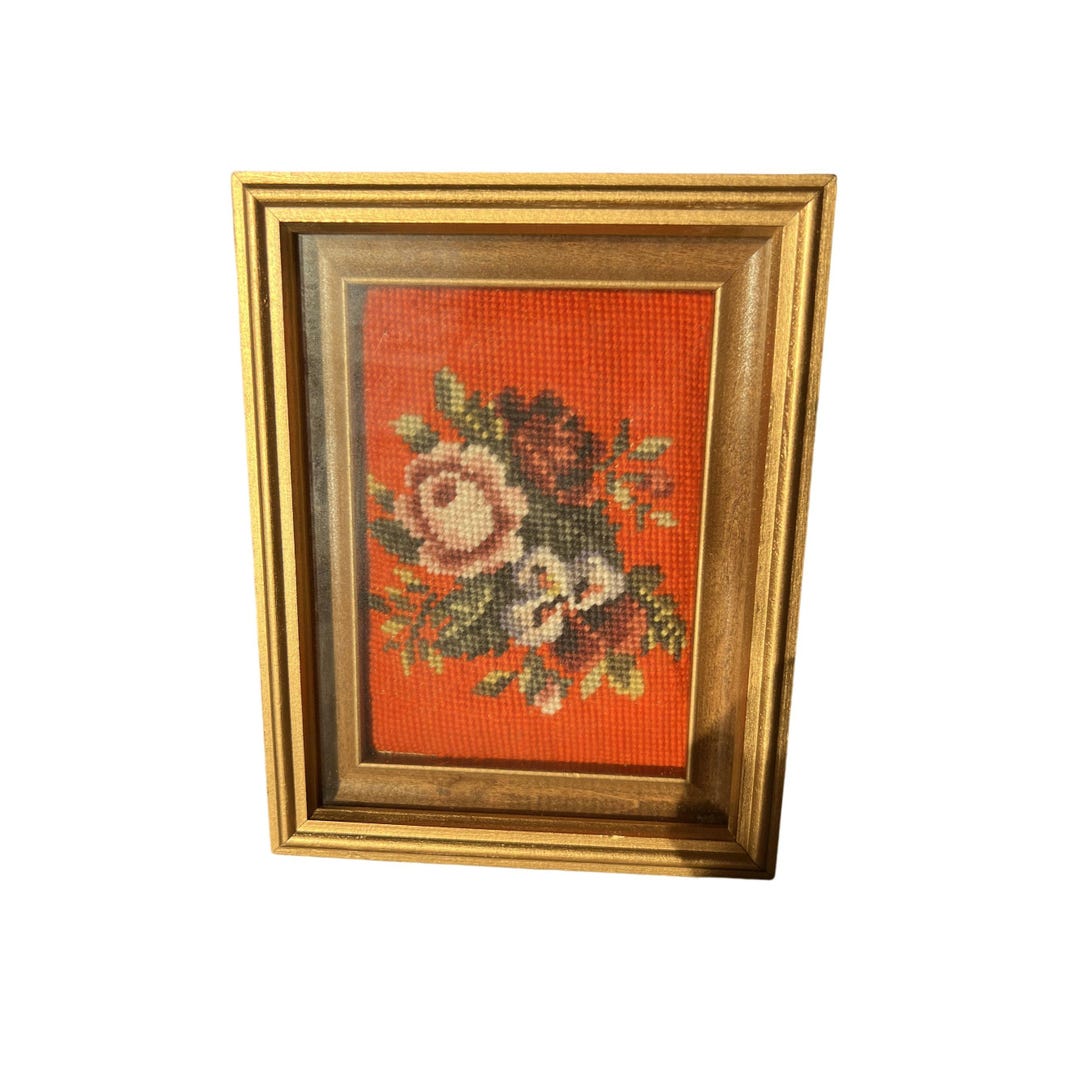 Vintage Small Floral Flower Needlepoint Art on Orange Background in ...