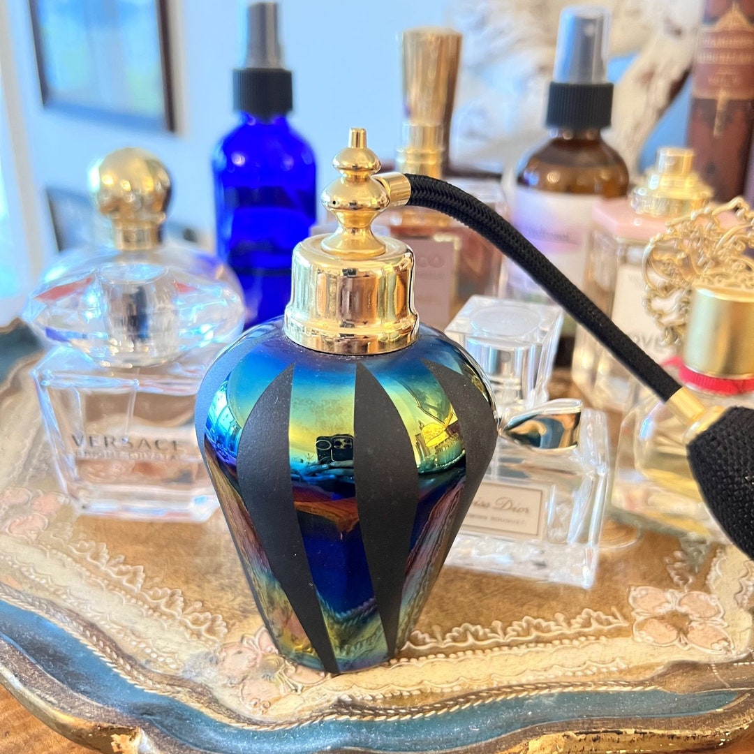 Vintage 1960's Irice Black Glass With Iridescent Stripes Perfume Bottle ...