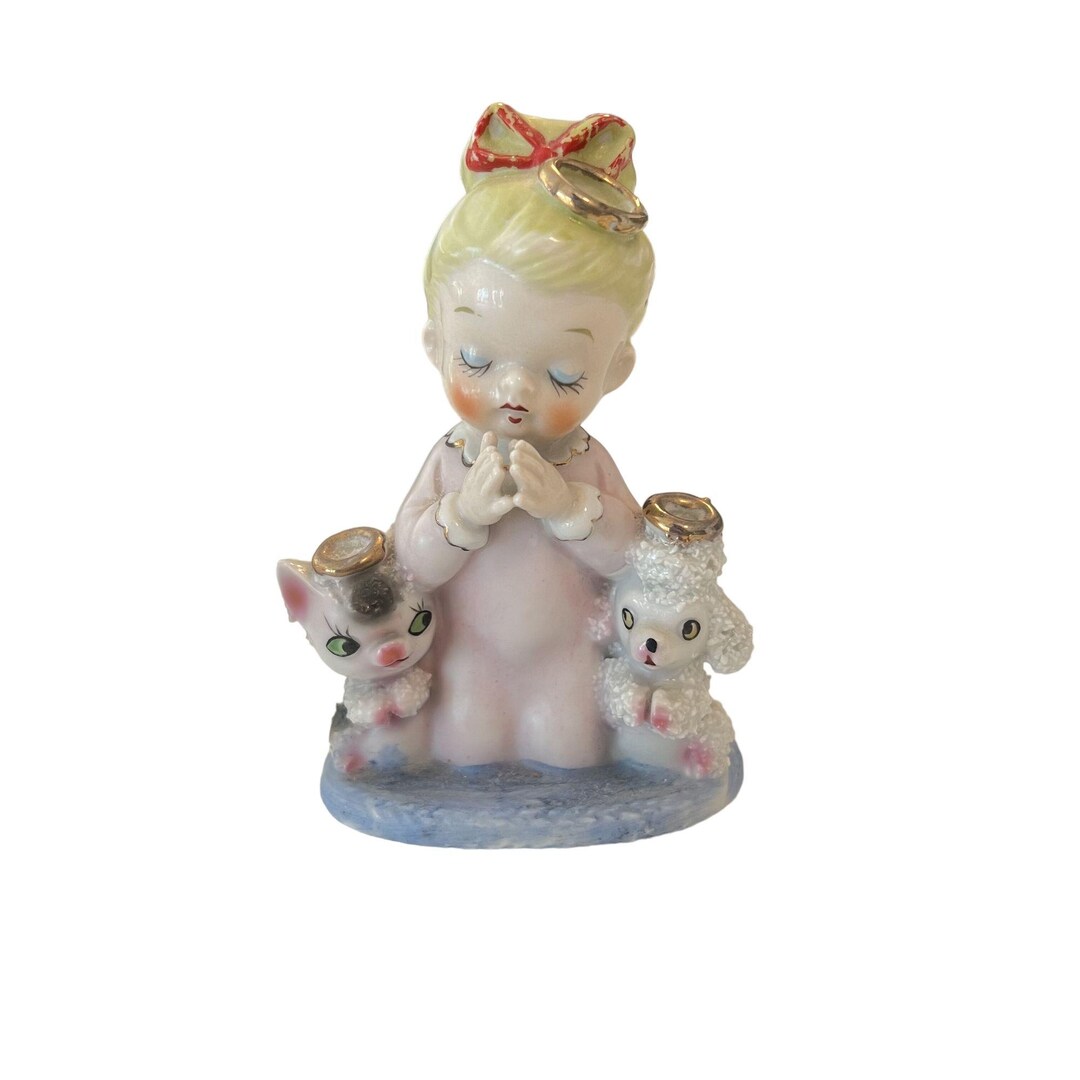 Vintage Napco Praying Angel Figurine With Cat & Lamb 5" Porcelain ...