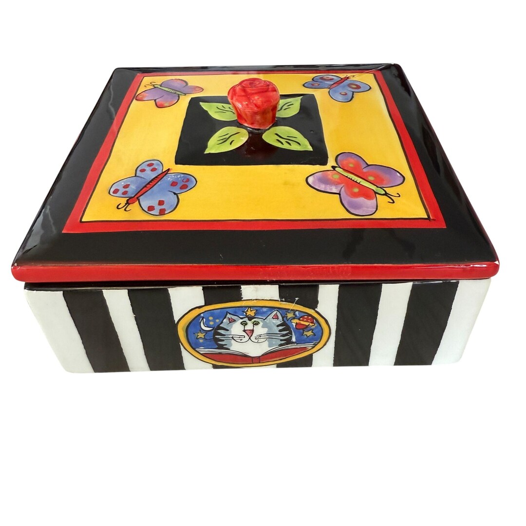 Catzilla Ceramic Square Trinket Box With Butterflies & Rose Design 7"x7 ...