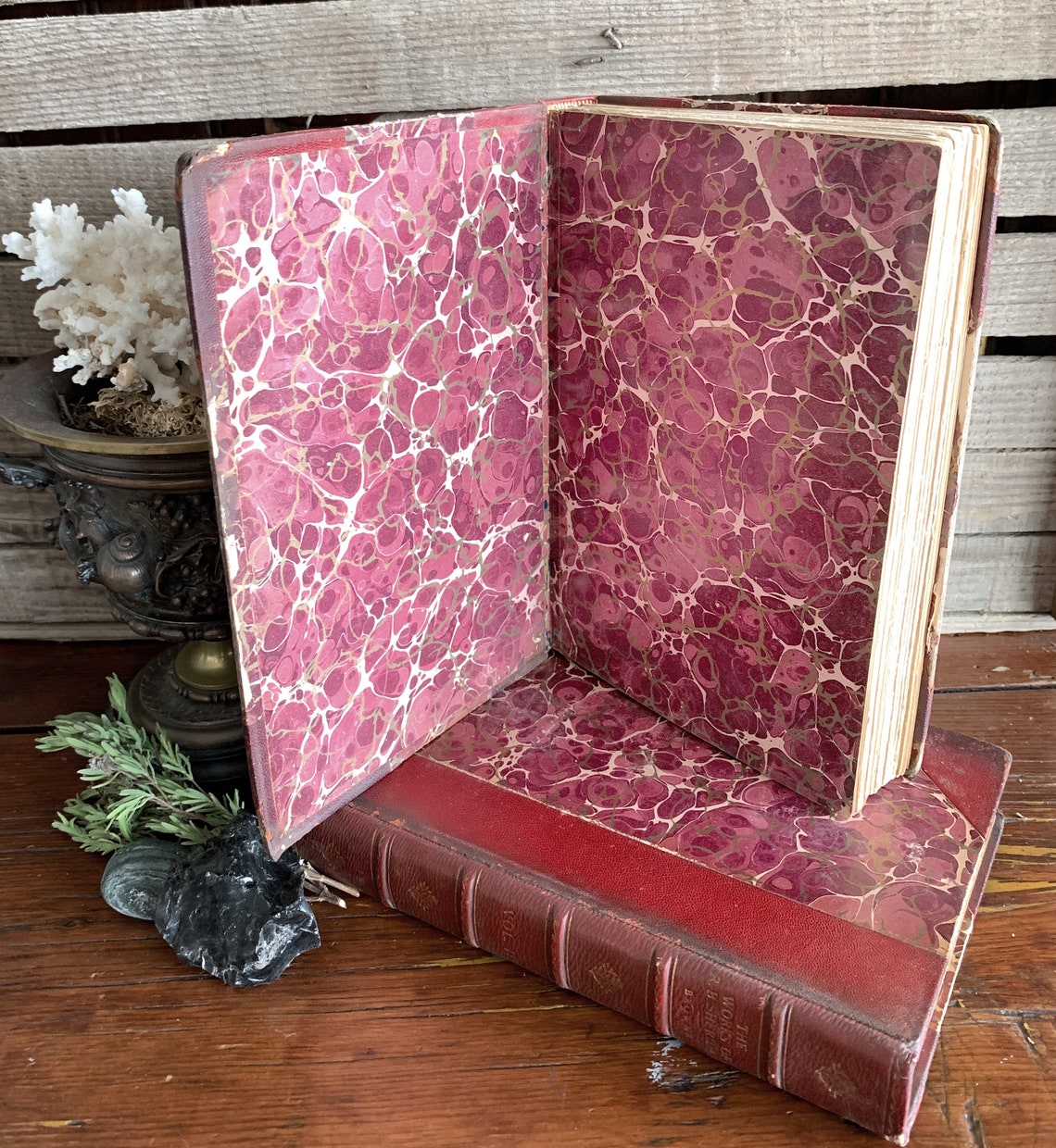 Antique Leather Bound Marbleized Red Books | Etsy