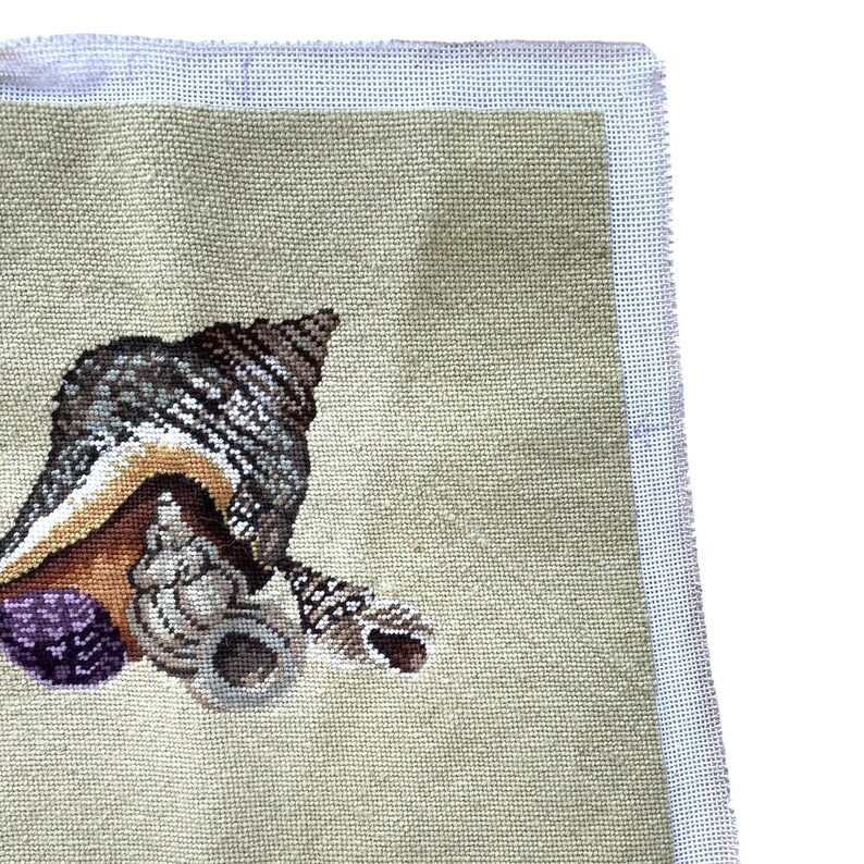 Vintage Original Unframed Seashell Needlepoint Cross Stitch Beach House ...