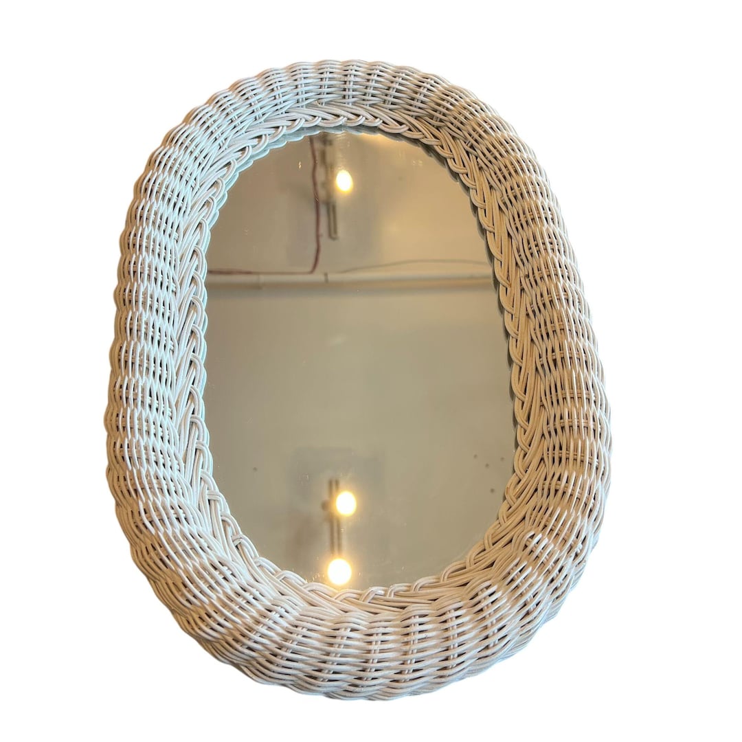 Vintage Shabby Chic Cottage Core White Wicker Framed Oval Mirror Wall ...
