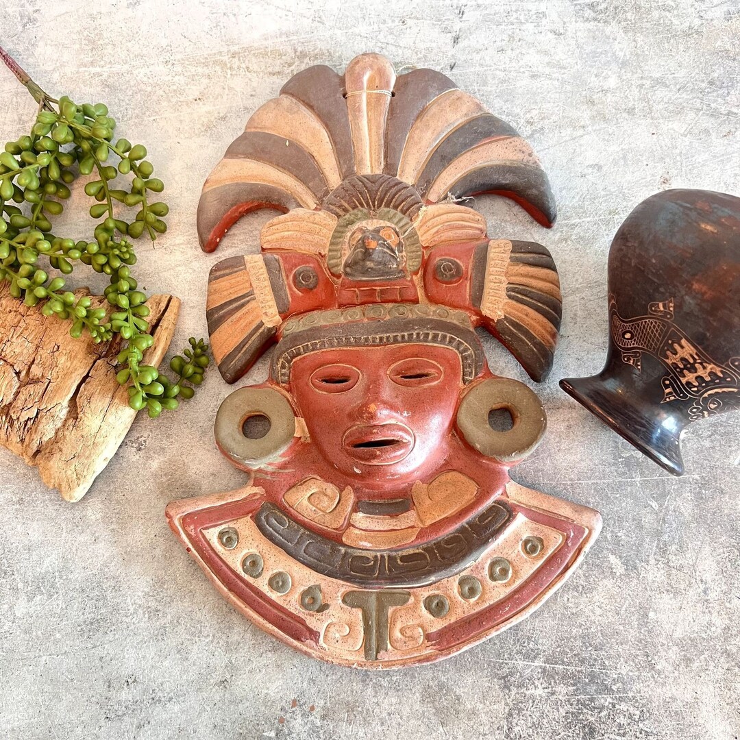 Vintage Olmec Aztec Warrior Pottery Mask Mexican Folk Art / Wall Decor ...