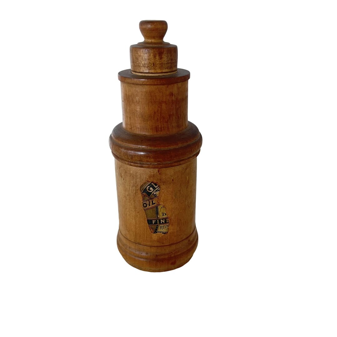 Antique Wood Treen Threaded Lid Jar, Hand Turned Oil Can With Original ...