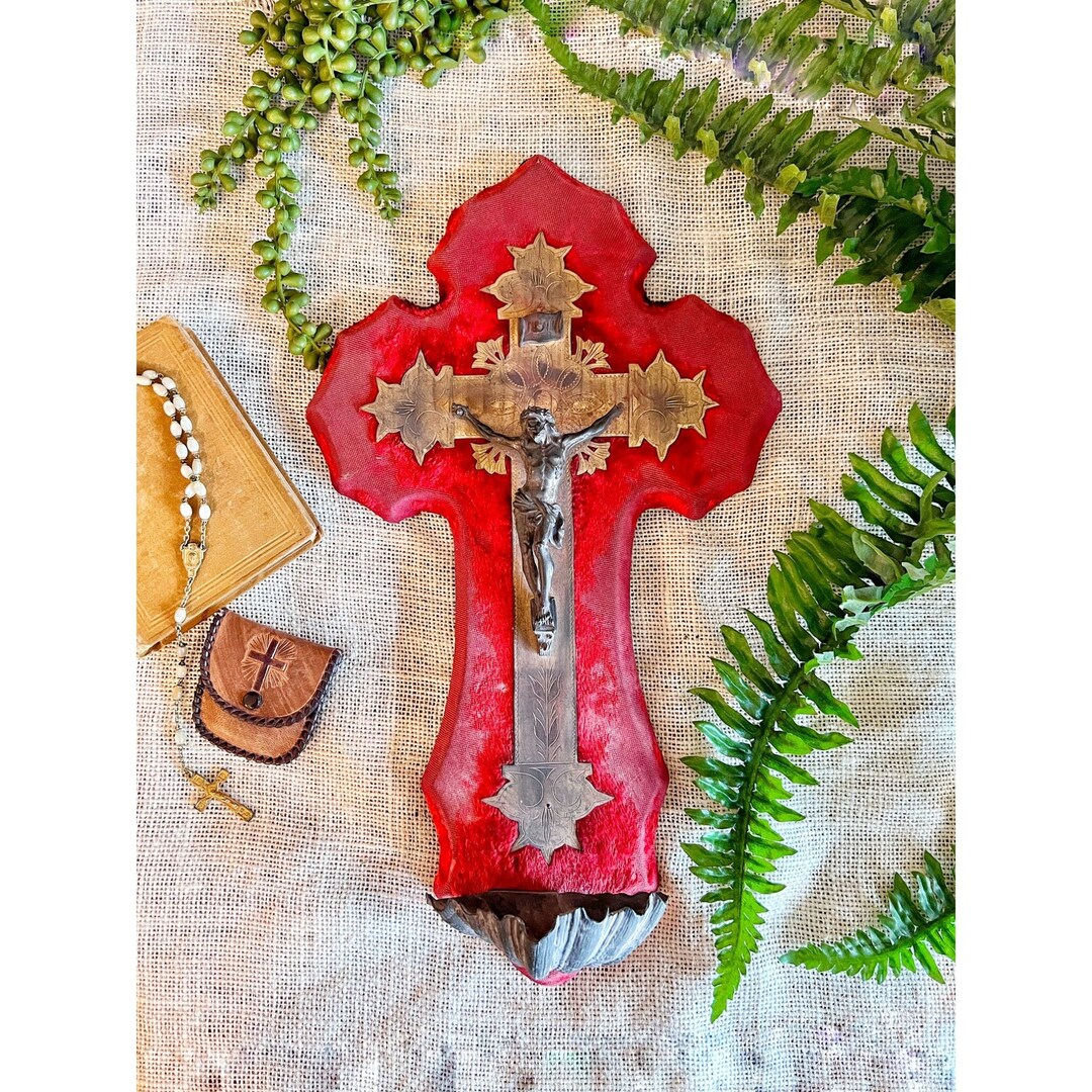 Large Antique French Red Velvet Home Crucifix Brass Stainless Steel ...