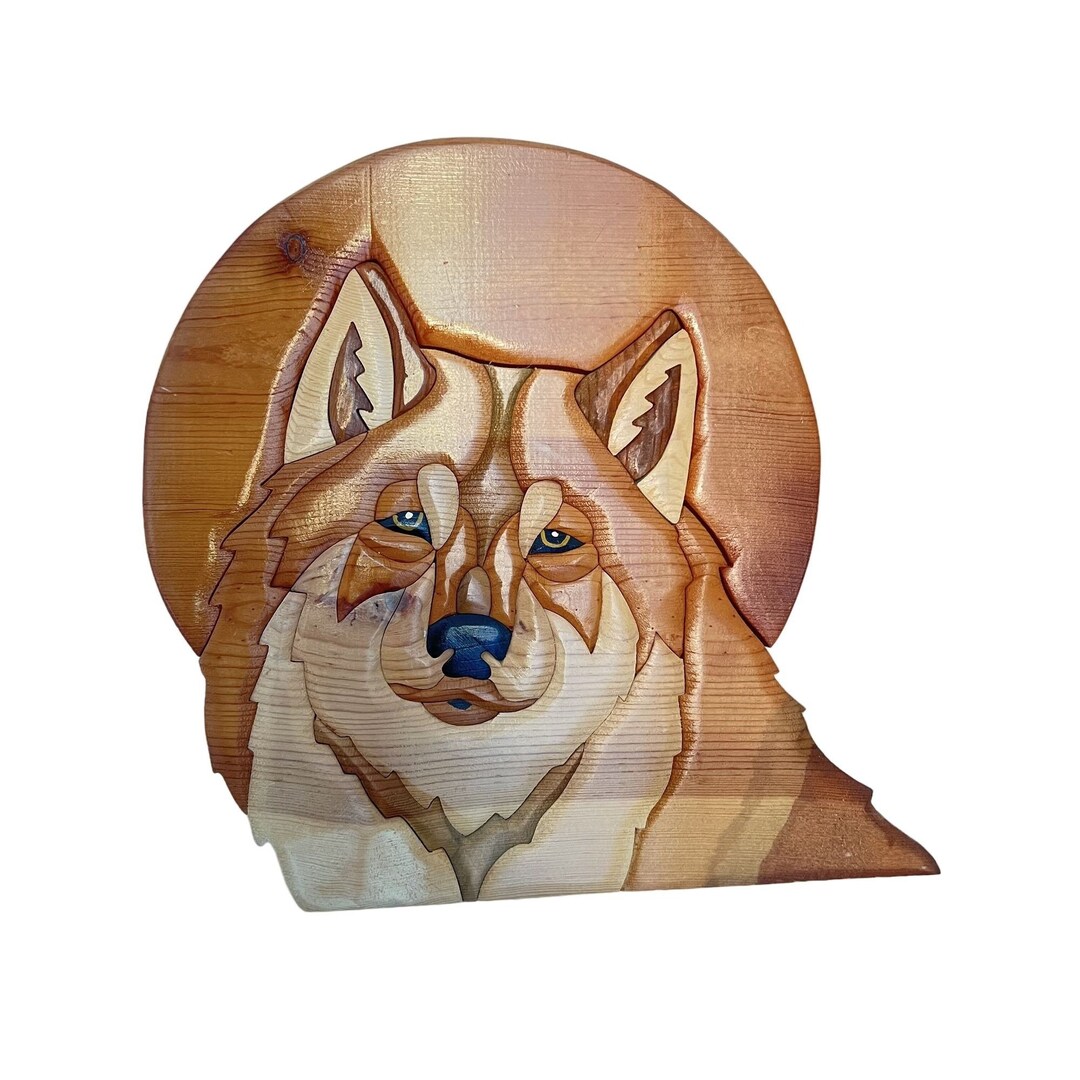 Handcrafted Wooden Wolf Wall Art Intricate Intarsia Design Natural Wood ...