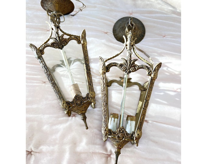 2 1930s Vintage Brass French Style Cinderella Hanging Light Fixtures ...