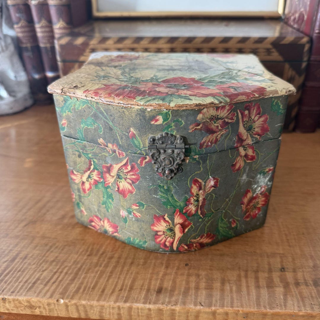 Antique Victorian Octagonal Floral Celluloid Collar Box With Ship ...