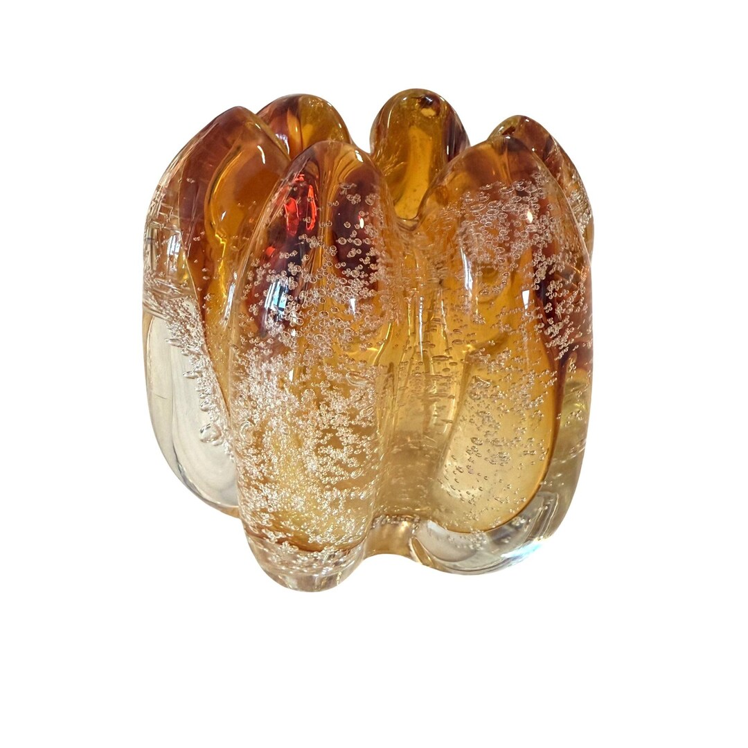 Vintage Murano Tozai Ribbed Art Glass Vase Amber & Clear Bubbled ...