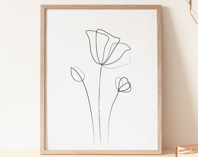 Poppy Poppies One Line Drawing DIGITAL DOWNLOAD Print Printable Flower ...