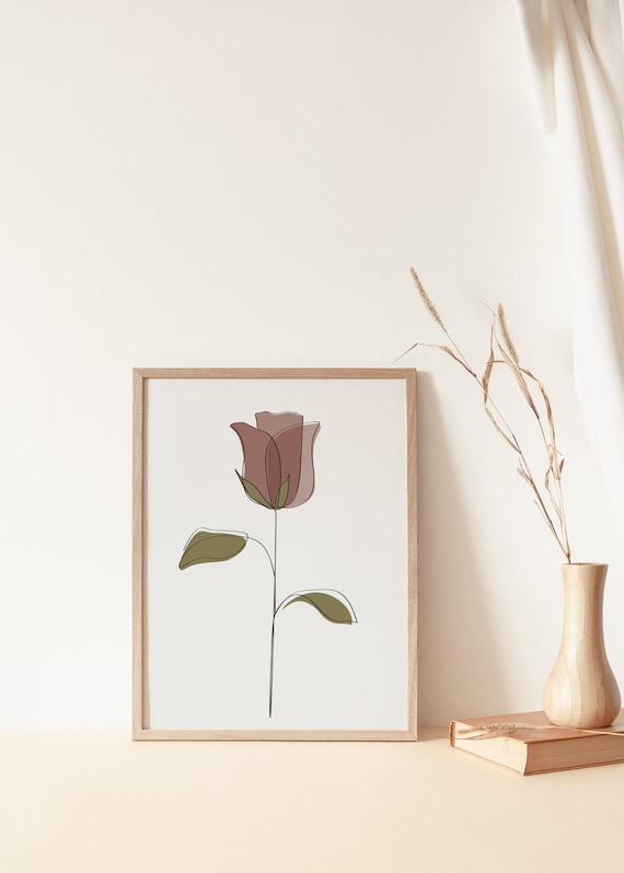 Flor de una línea rosa de una línea flor de dibujo de arte | Etsy