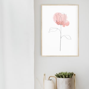 Blush Pink Wall Art, One Line Drawing, Flower Line Art Print ...