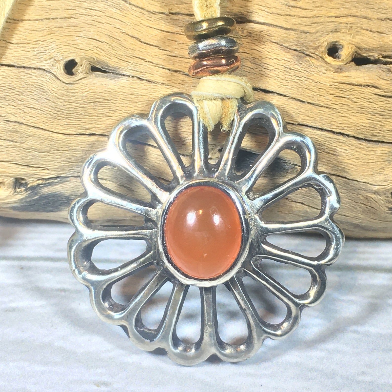 Flower Shape Silver Concho With Carnelian ~2way Necklace or Hair Tie ...