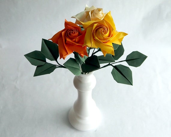 Yellow Cream Orange Origami Rose Bouquet Paper Flower - Etsy