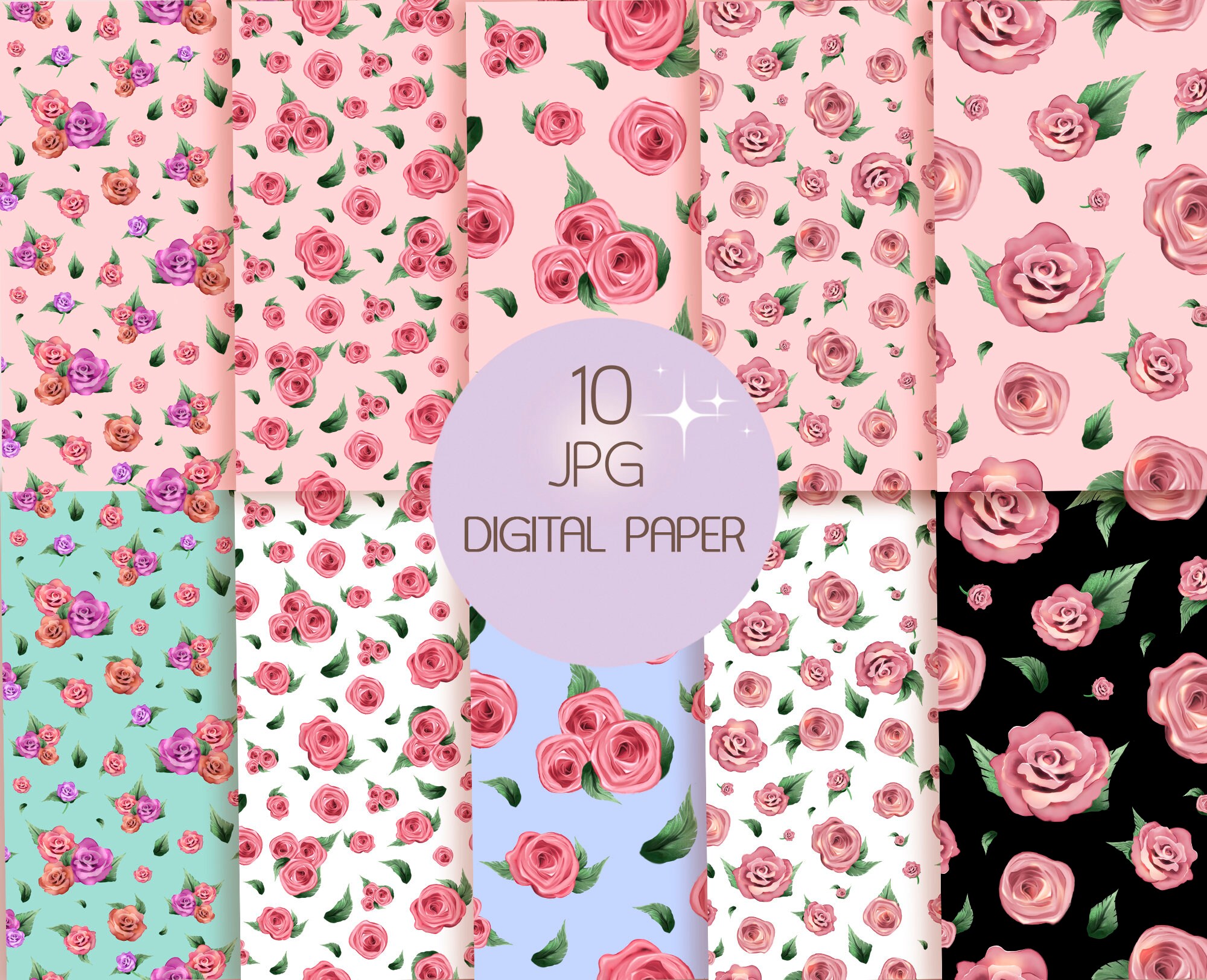 10 Rose Digital Paper Pattern, Pink Floral Background, Pink Rose Paper ...