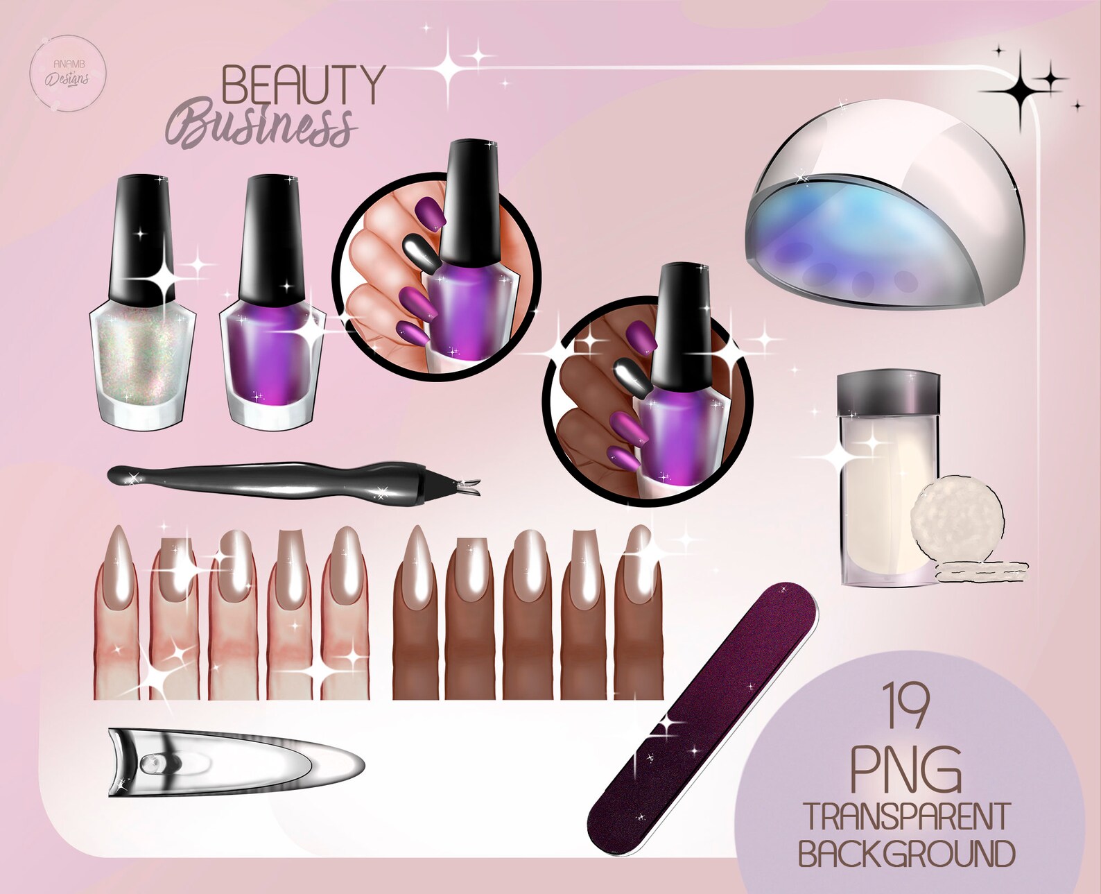 Manicure Clipart Set: Nail Tech Tools, Acrylic Nails (PNG Digital ...