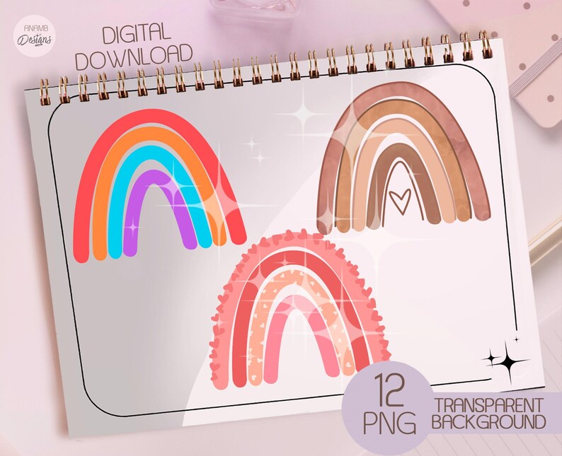 Watercolor Rainbow PNG Clipart: Pink Bow, Baby Shower Design (digital ...