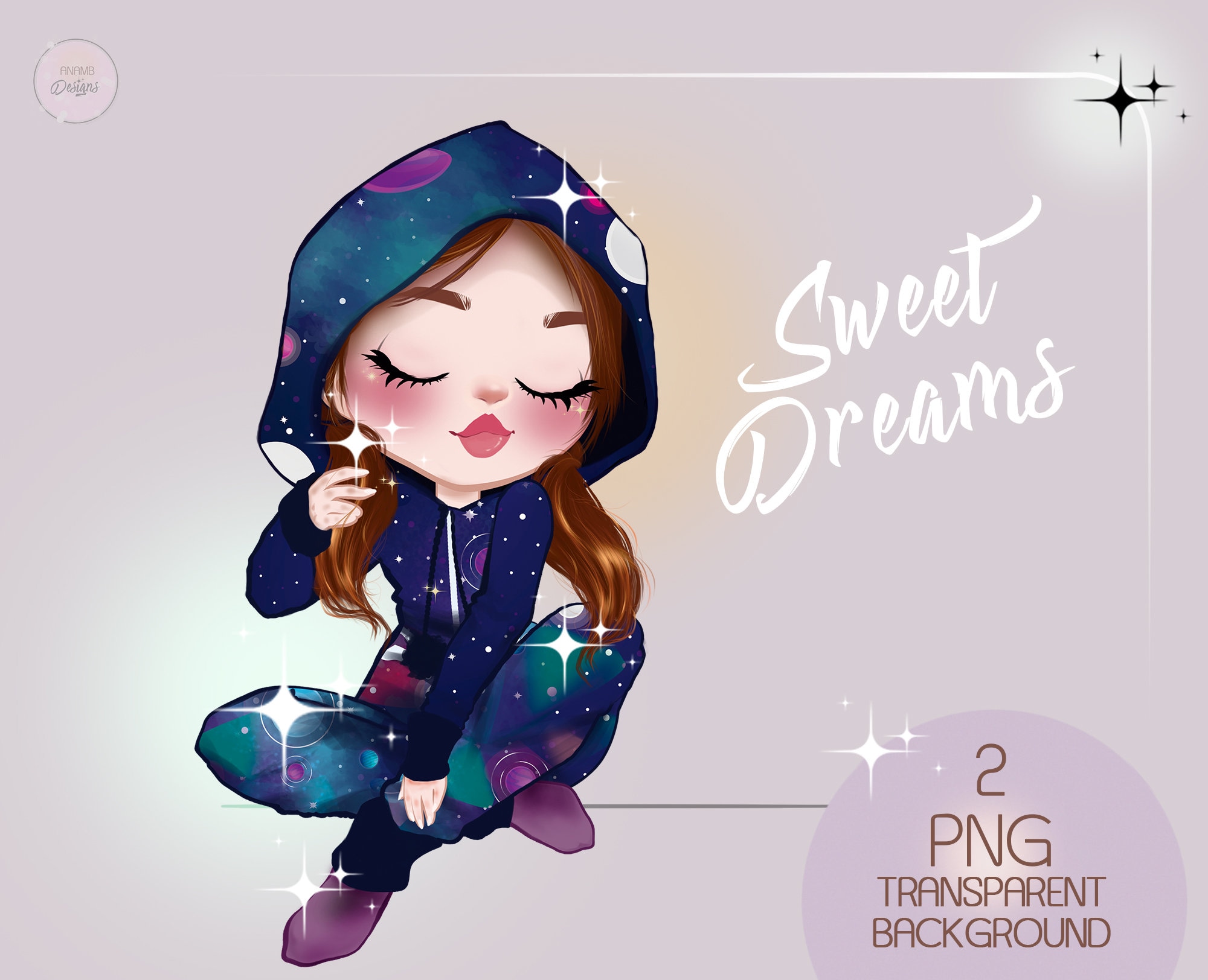 Cute Girl Sleepover Clipart, Sublimation Art, Galaxy Girl Clipart ...