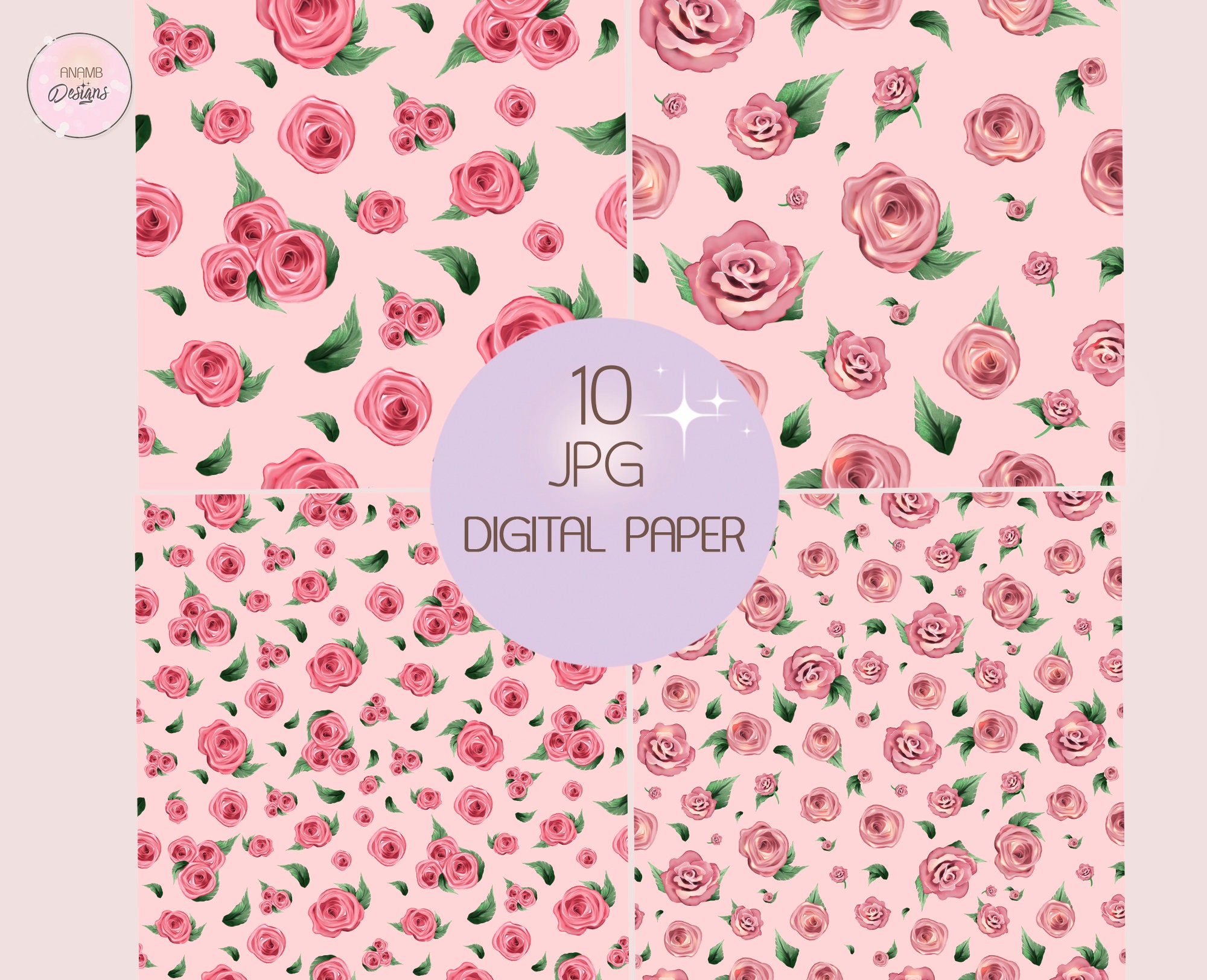 10 Rose Digital Paper Pattern, Pink Floral Background, Pink Rose Paper ...