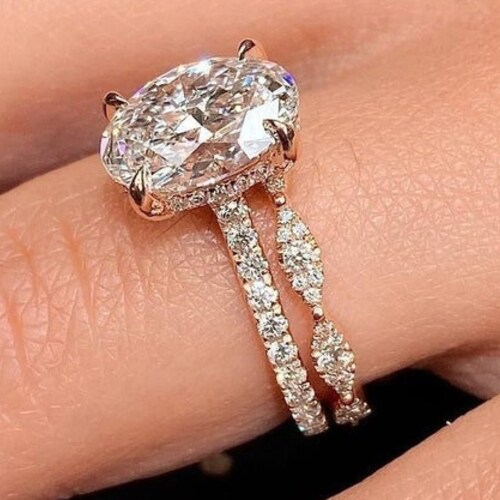 14K Rose Gold Anniversary Ring Set 2 CT Oval Moissanite - Etsy
