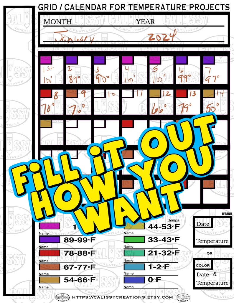 Printable Digital Temperature Chart, Template, Color Project Printable ...
