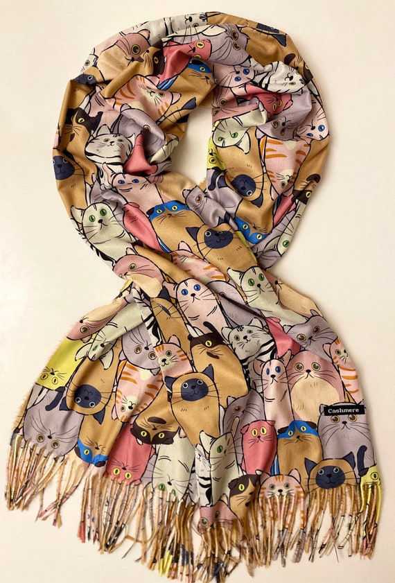 Unique Cashmere Scarf With Cats in Beige Fun Scarf for Cat | Etsy