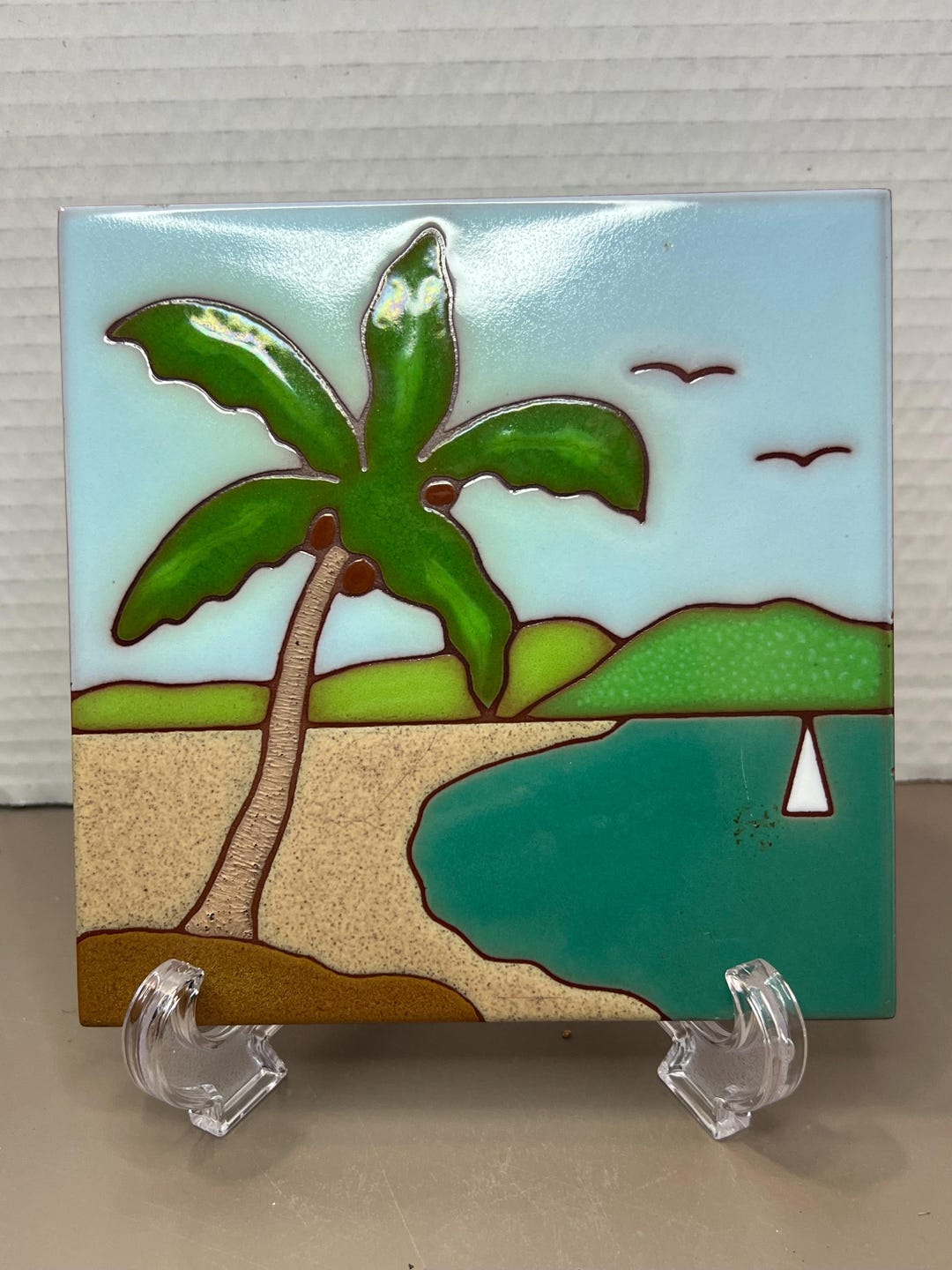 Vintage Besheer Hand Painted Art Tile Trivet Hot Plate Wall Decor With ...