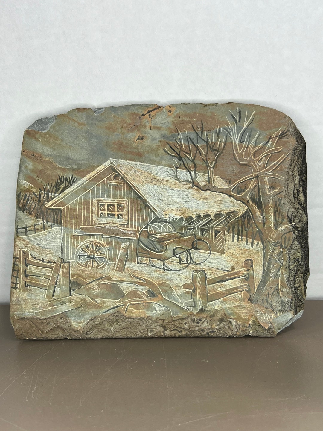 Hand Etched Slate Barn With Sled in Winter - Etsy