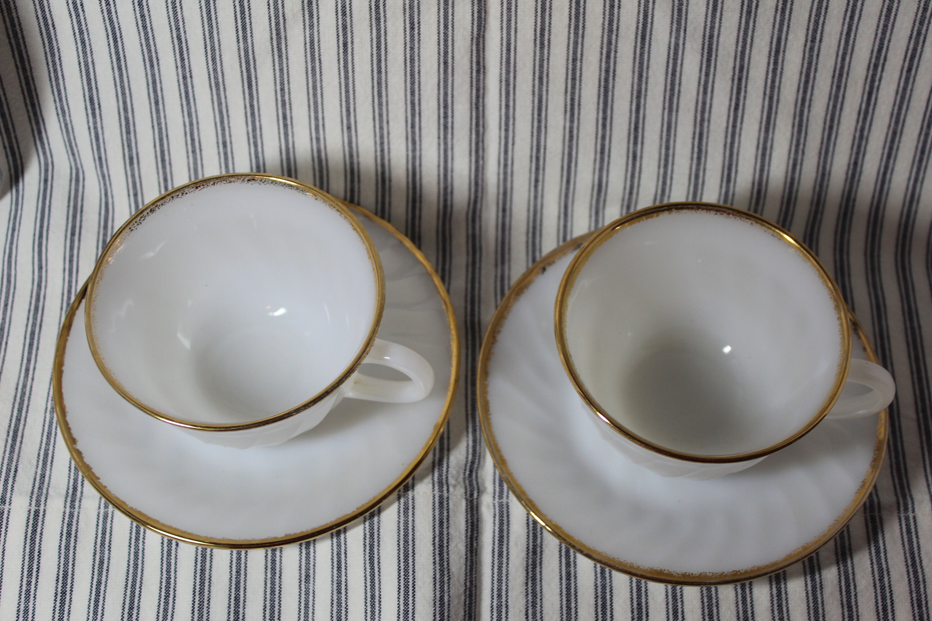 Ovenware USA Milk Glass Gold Trim Two Cups Two Saucers Lidded Sugar Pot ...