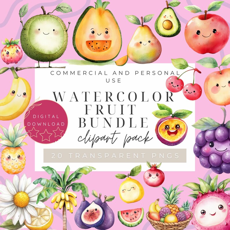 Watercolor Fruits Clipart, Kawaii Fruit,20 Transparent Png,cute ...