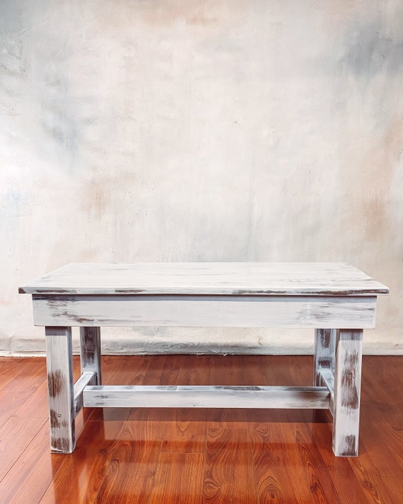 Modern farmhouse distressed white painted solid wood bench for entryways dining and more