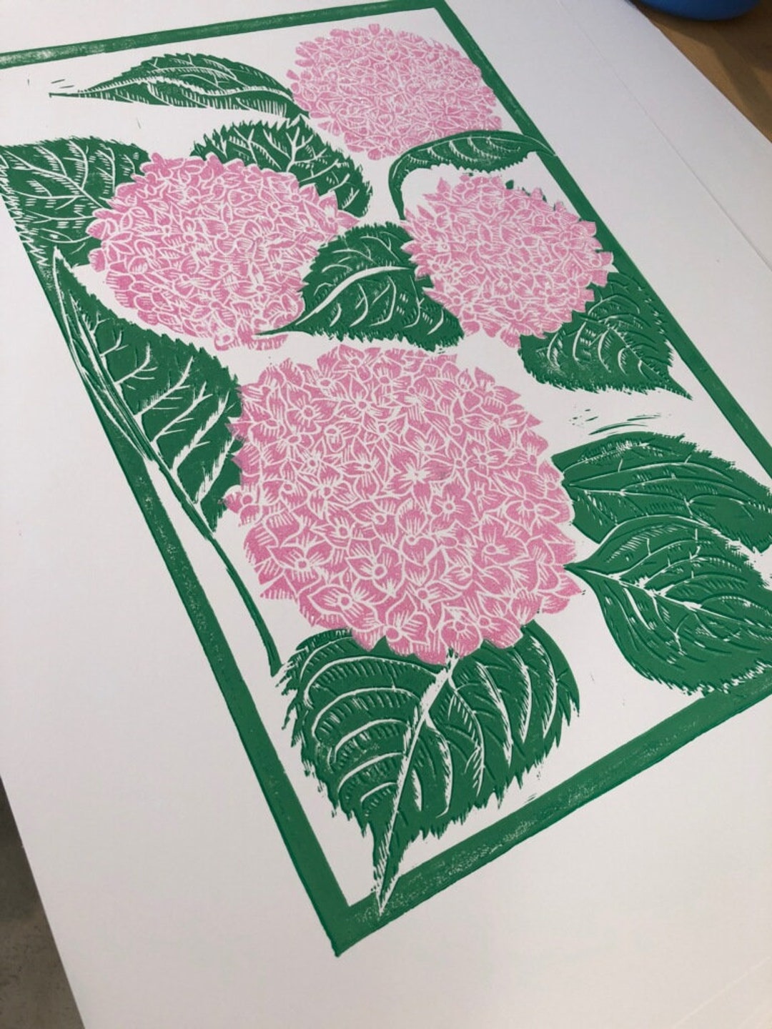 Hydrangeas, bright pink block print - Etsy.de
