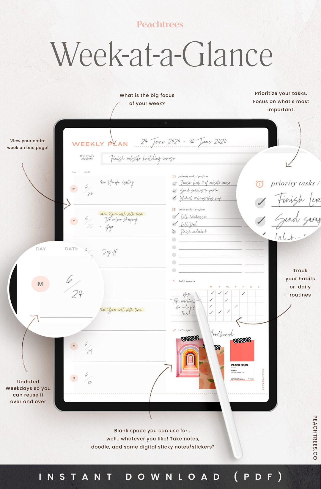 Week-at-a-glance Undated Weekly Spread, Minimalist Digital Planner ...