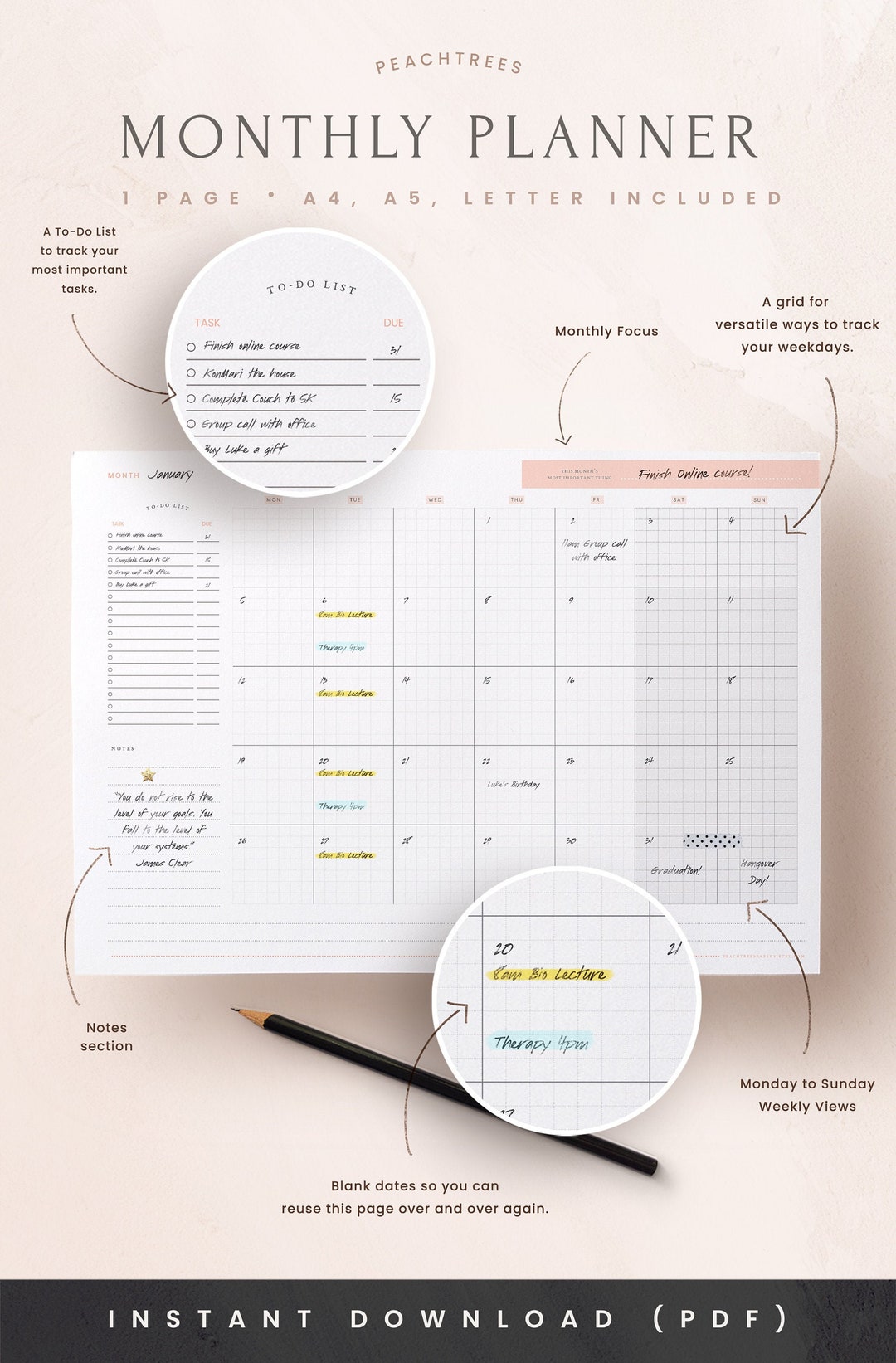 Monthly Grid Digital & Printable Planner, Undated Month Organizer, A4 ...