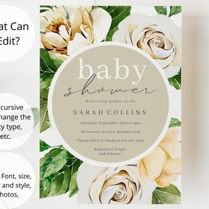 Spring Baby Shower Invitation Template, White Floral Baby Shower Invite ...
