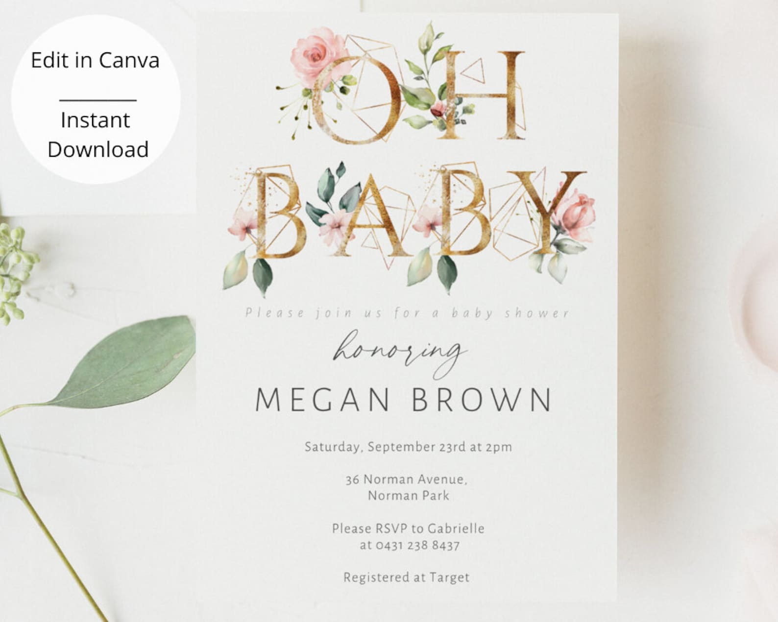 Oh Baby Girl Invitation Template Gold and Blush Pink Baby - Etsy
