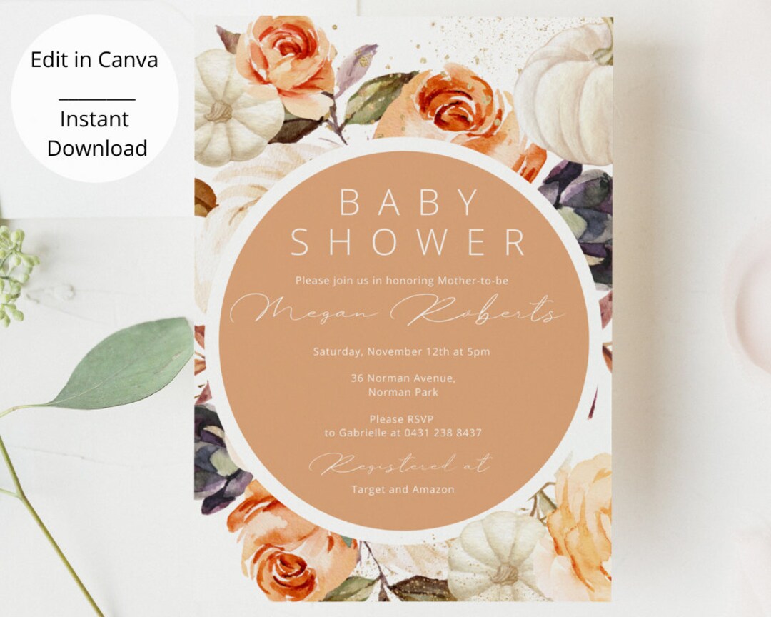 Rustic Baby Shower Invitation Template, Fall Baby Shower Invite, Floral ...