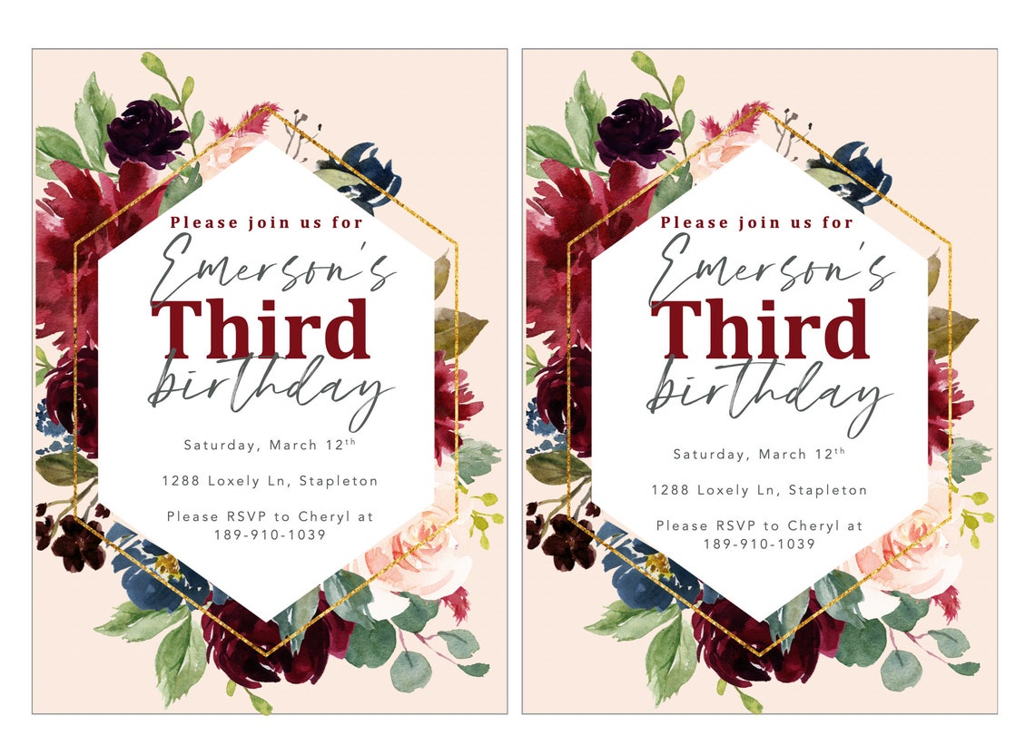 Floral Third Birthday Party Invitation Girls 3rd Birthday - Etsy