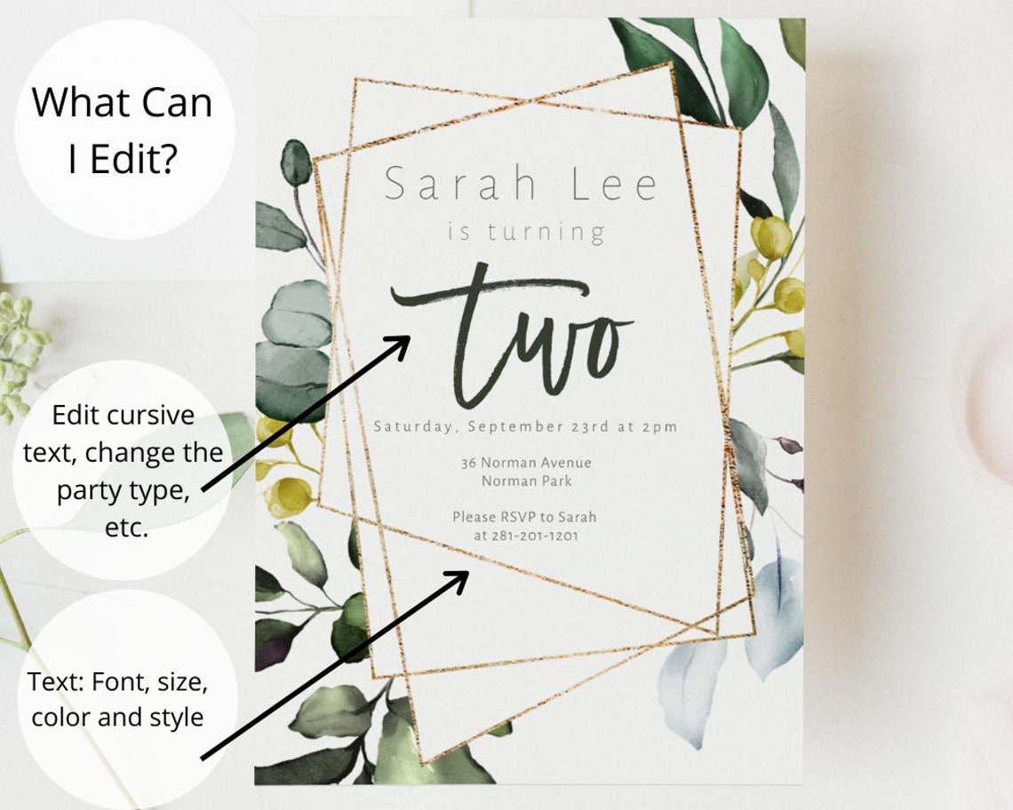 Girl's 2nd Birthday Party Invitation Girl's Greenery | Etsy