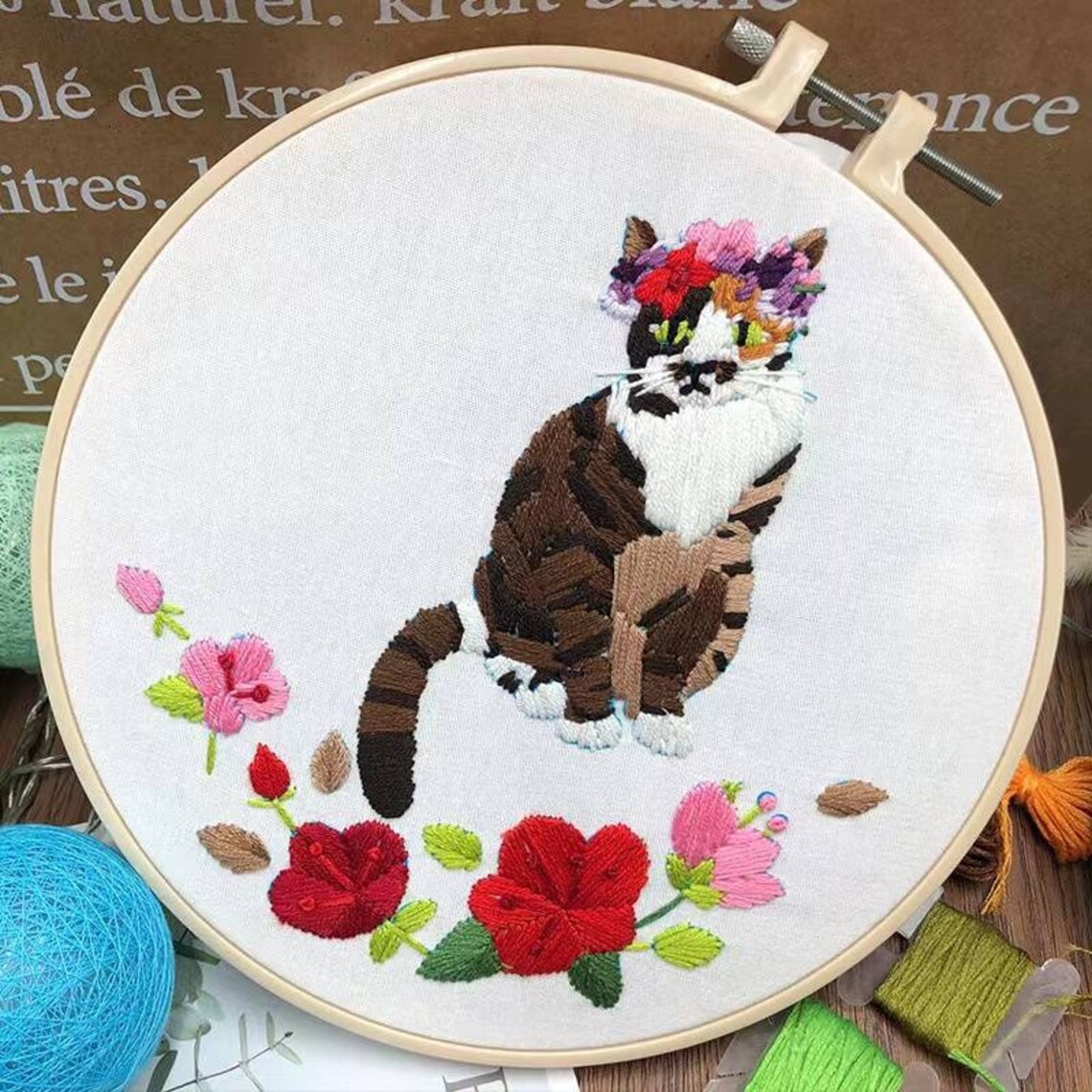 3D Cute Cat Embroidery Kitcats Embroidery Kit flower and - Etsy