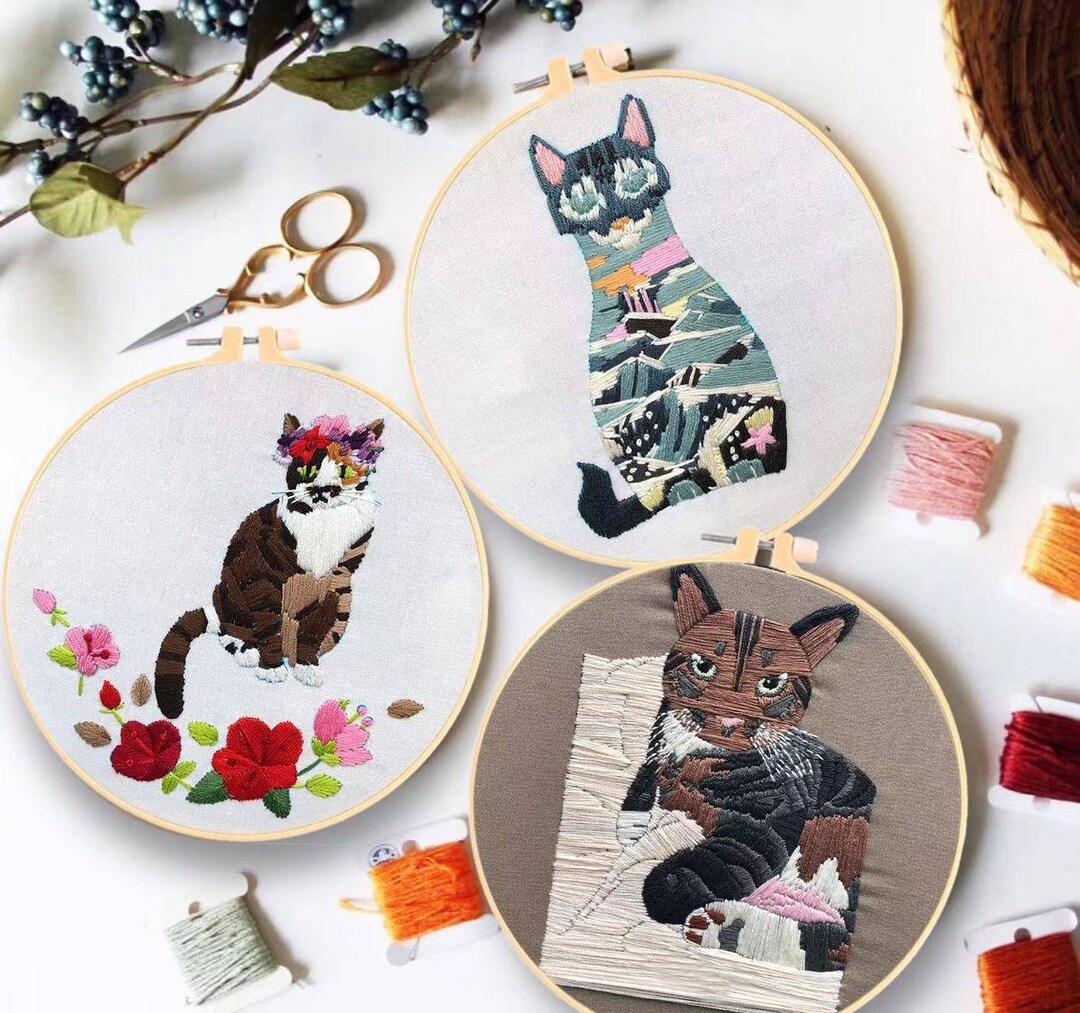 3D Cute Cat Embroidery Kitcats Embroidery Kit flower and - Etsy