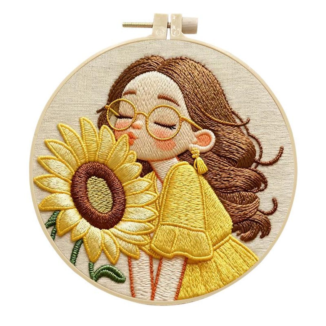 Sunflower &girl Embroidery Kit: Modern Crewel Sunflower Beginner DIY ...