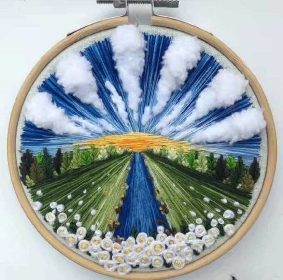 3D Rose and Clouds Embroidery Kit, White Rose Embroidery ,landscape ...