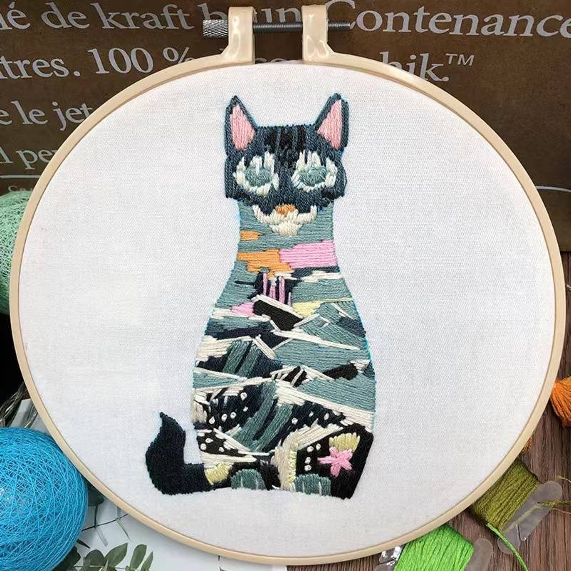 3D Cute Cat Embroidery Kitcats Embroidery Kit flower and - Etsy