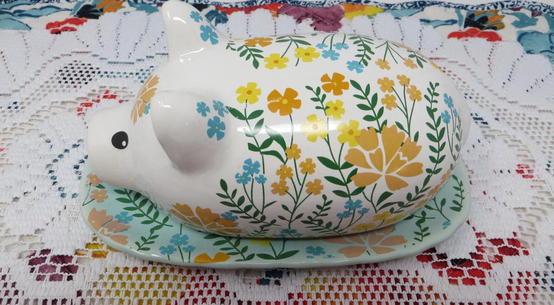 Crazy Eyed Pig Butter Dish With Floral Design, 8 X 4 X 7, Turquoise - Etsy